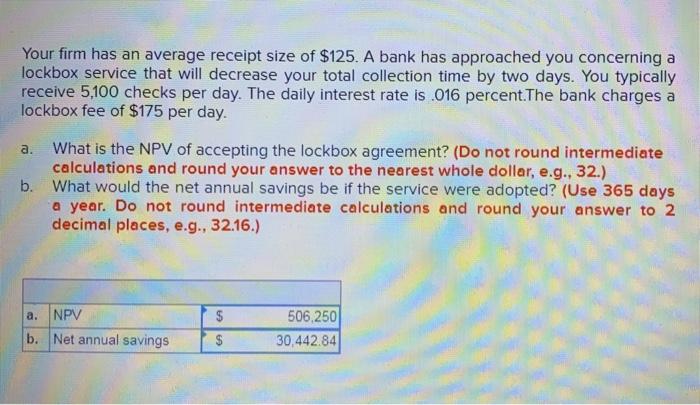 Solved Your firm has an average receipt size of $125. A bank | Chegg.com
