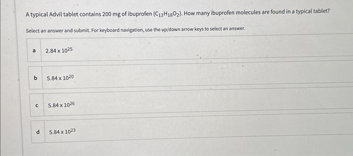 Solved A typical Advil tablet contains \\( 200 \\mathrm{mg} | Chegg.com