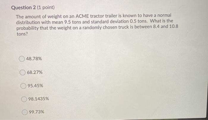 Solved Question 2 (1 point) The amount of weight on an ACME | Chegg.com