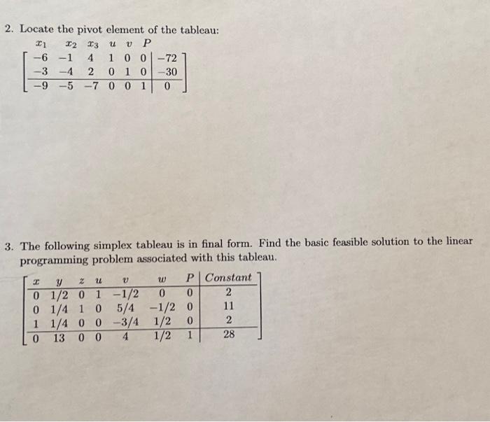 Solved 2. Locate the pivot element of the tableau: | Chegg.com