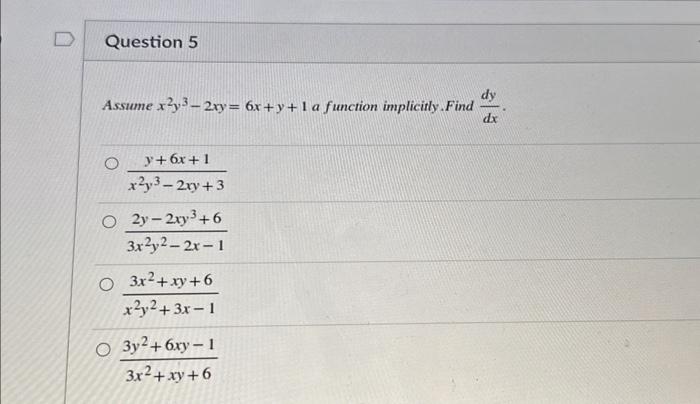 Solved Assume x2y3−2xy=6x+y+1 a function implicitly. Find | Chegg.com