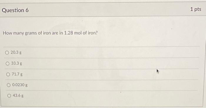Solved How many grams of iron are in 1.28 mol of iron? | Chegg.com