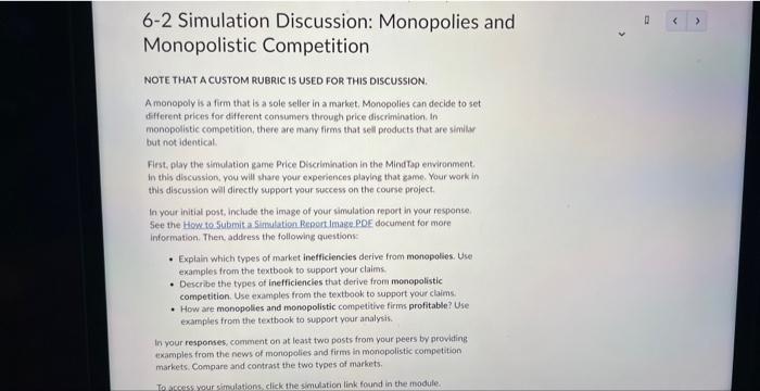 Solved 6-2 Simulation Discussion: Monopolies and | Chegg.com