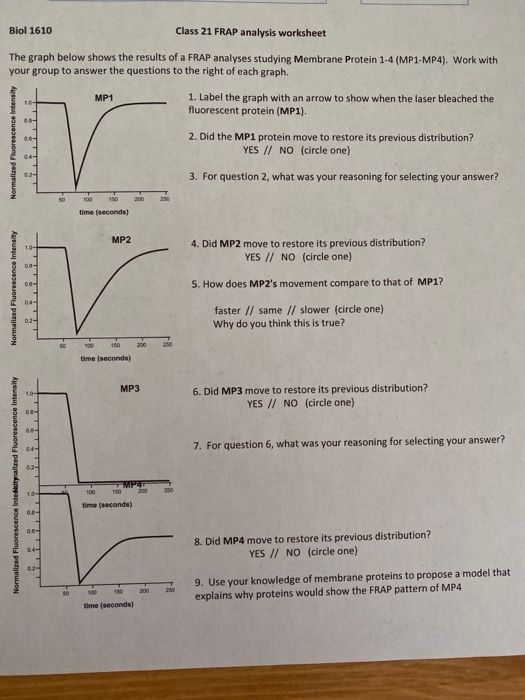 Solved Biol 1610 Class 21 FRAP analysis worksheet The graph | Chegg.com