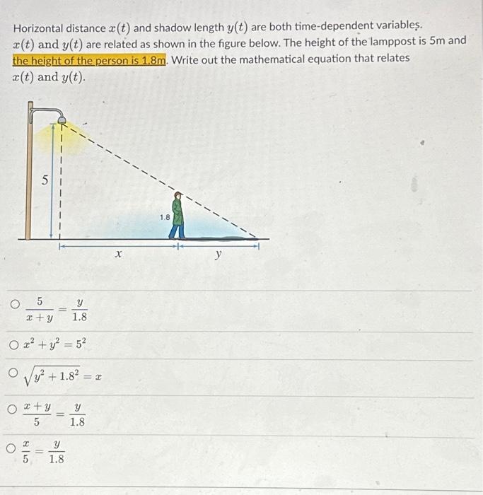 Solved Horizontal distance x(t) and shadow length y(t) are | Chegg.com