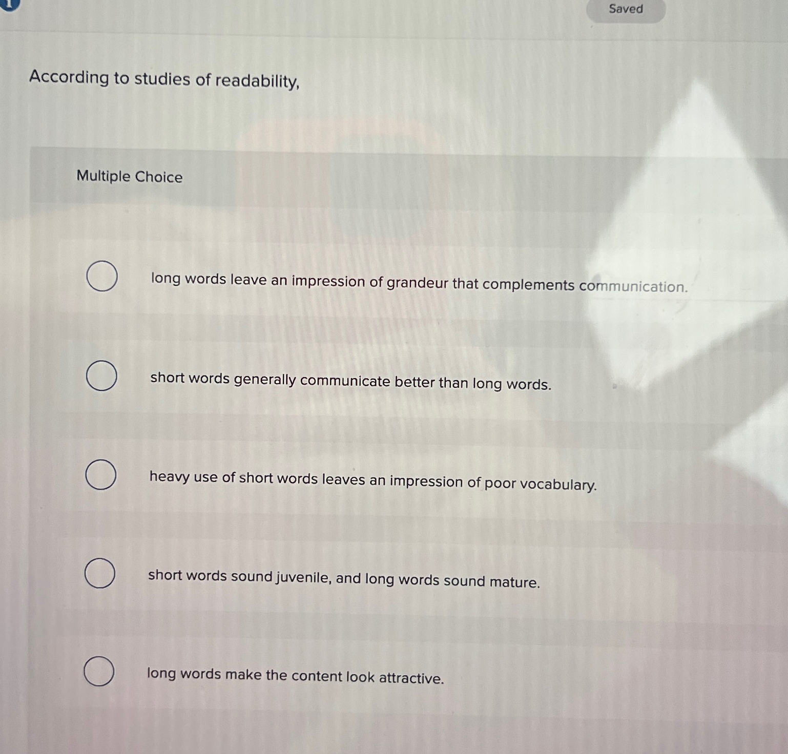 Solved SavedAccording to studies of readability,Multiple | Chegg.com