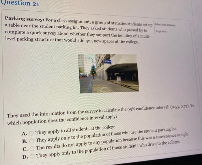 Solved Question 21 Parking survey: For a class assignment, a | Chegg.com