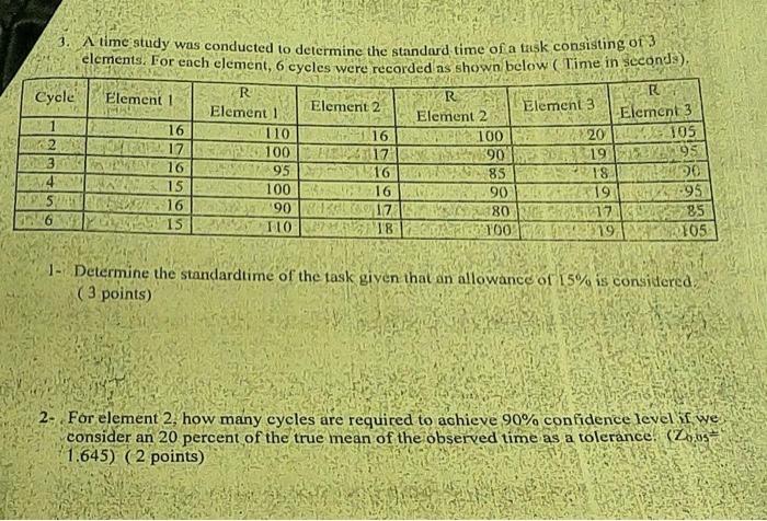 Solved 3. A time study was conducted to determine the | Chegg.com