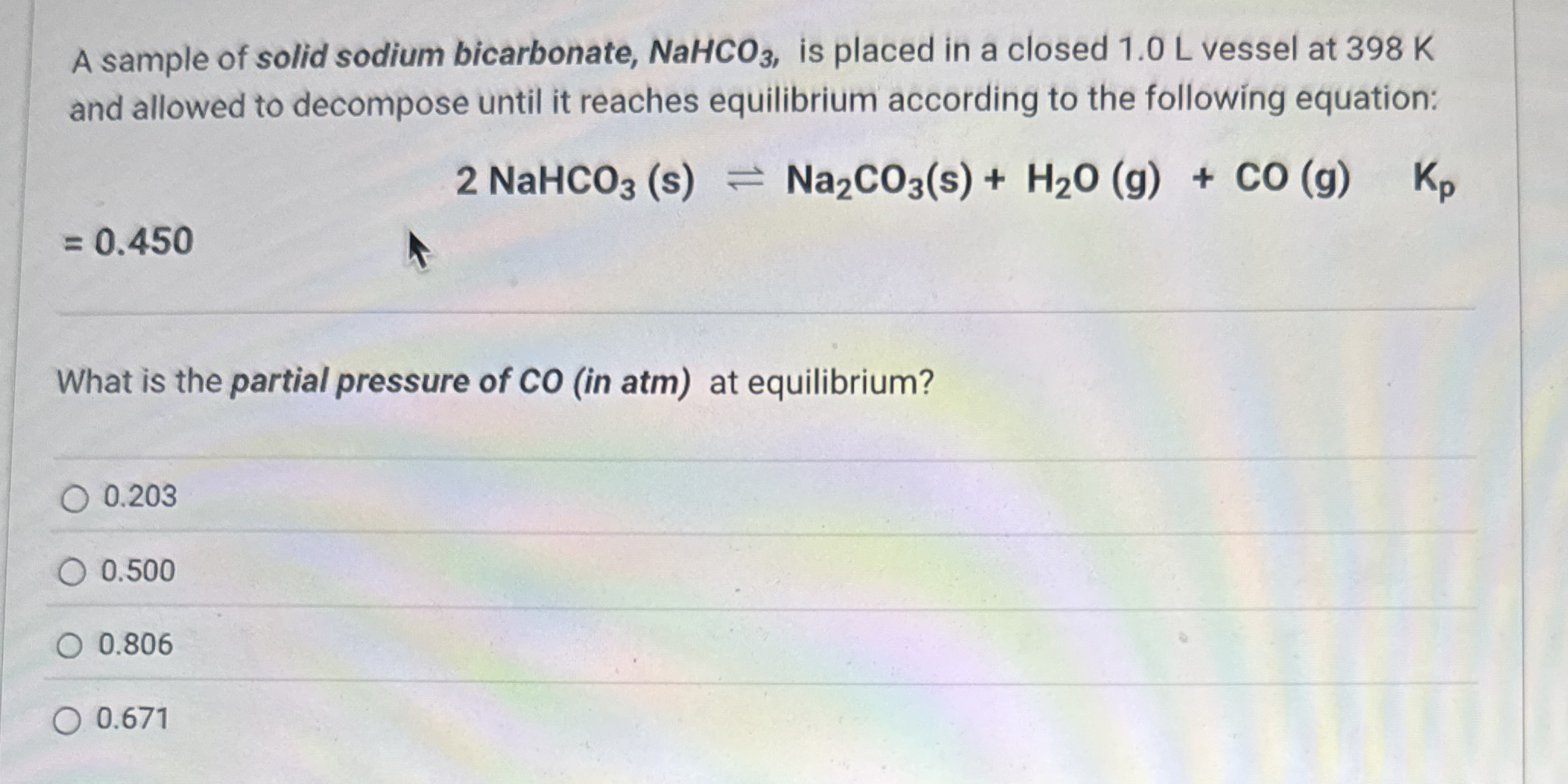 Solved A sample of solid sodium bicarbonate, NaHCO3, ﻿is | Chegg.com