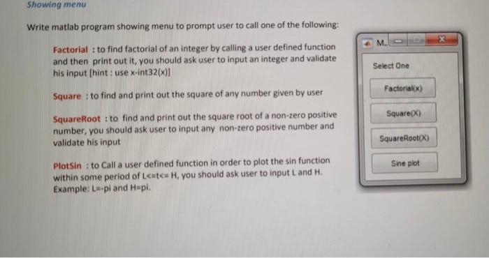 Solved Showing menu M. Write matlab program showing menu to | Chegg.com