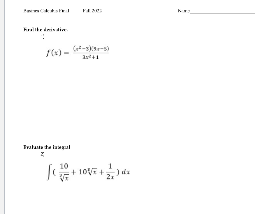Solved Find the derivative. 1) f(x)=3x2+1(x2−3)(9x−5) | Chegg.com