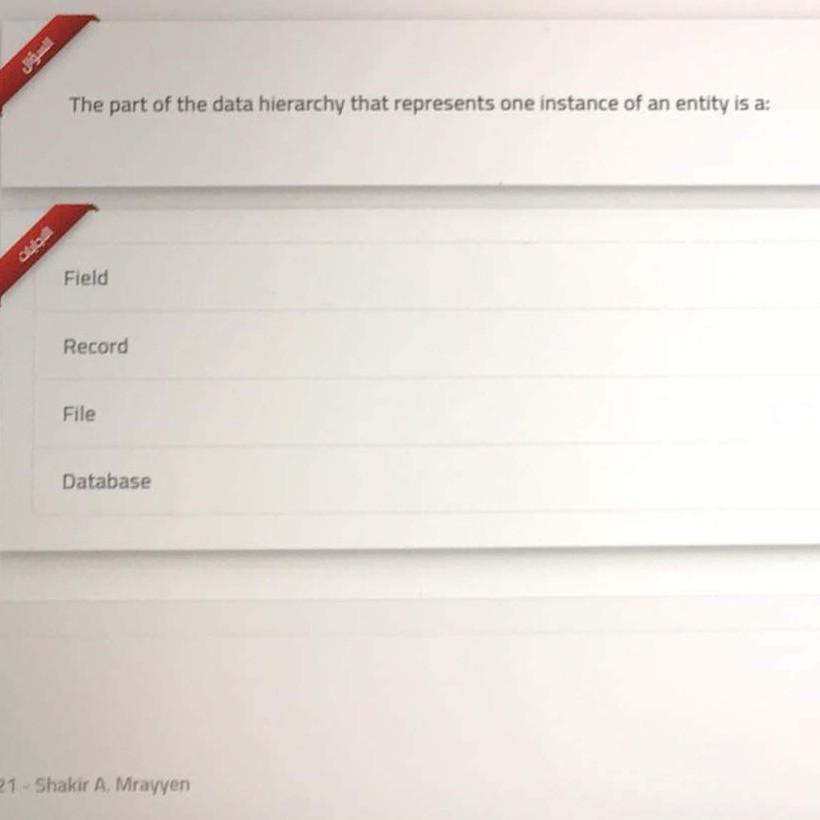 Solved The part of the data hierarchy that represents one | Chegg.com