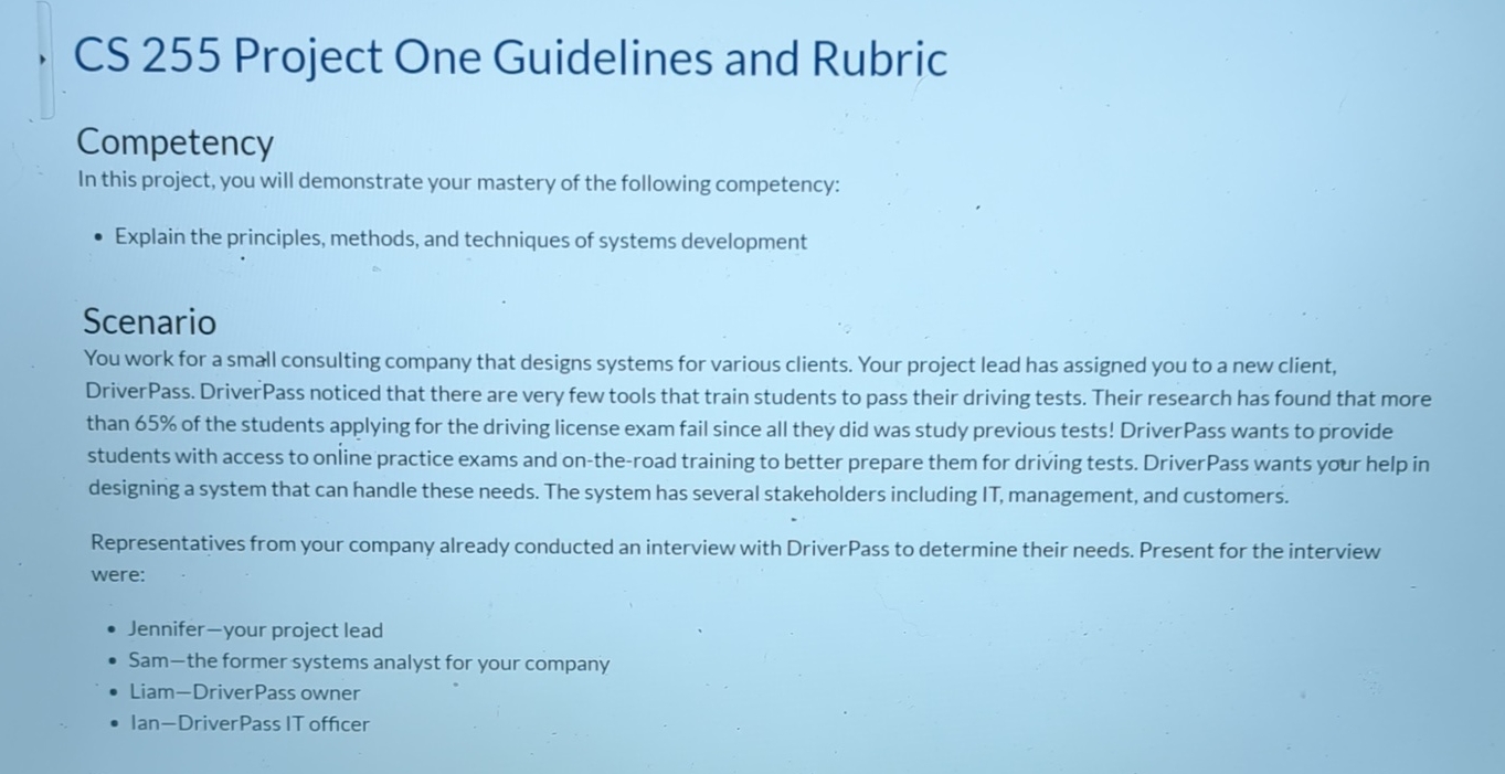 Solved CS 255 ﻿Project One Guidelines and RubricCompetencyIn | Chegg.com
