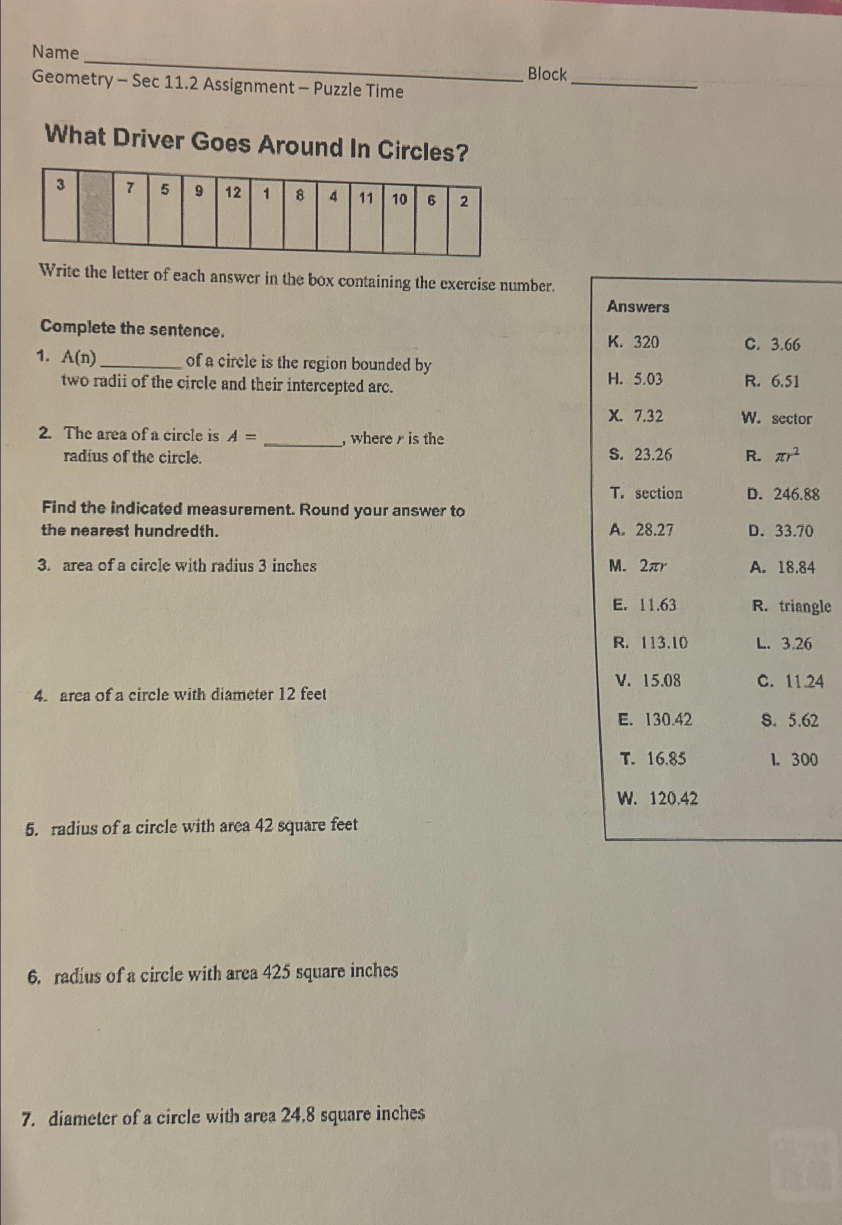 Solved NameGeometry - ﻿Sec 11.2 ﻿Assignment - ﻿Puzzle Time | Chegg.com