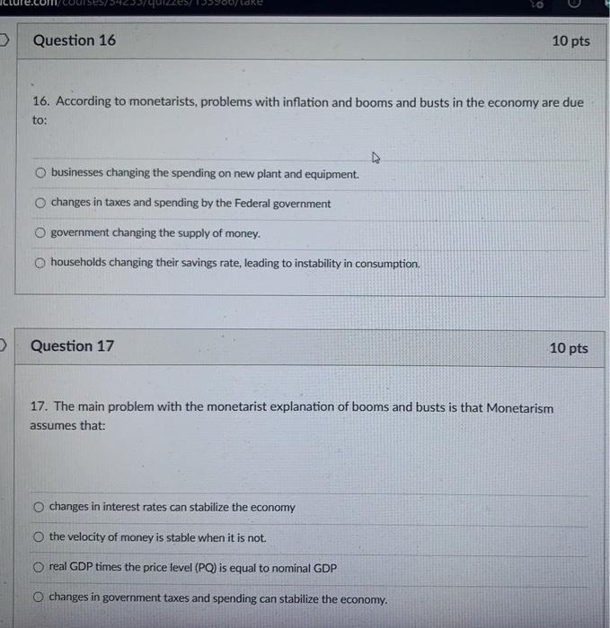 Solved Question 16 10 pts 16. According to monetarists, | Chegg.com