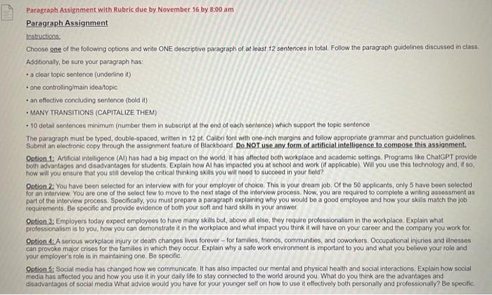 Paragraph Assignment with Rubric due by November 16 | Chegg.com