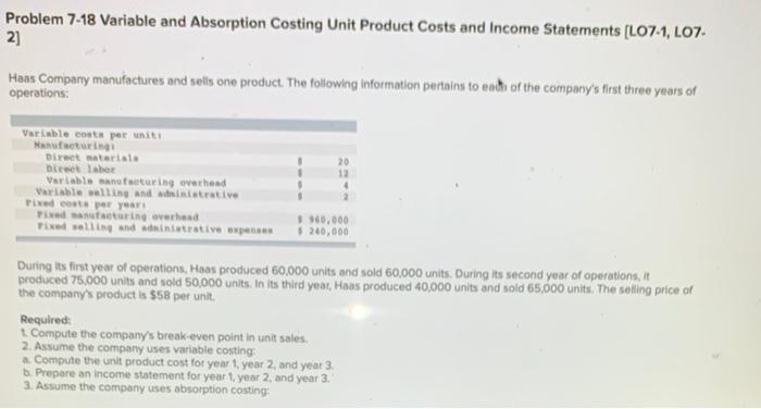 Solved Problem 7-18 Variable and Absorption Costing Unit | Chegg.com