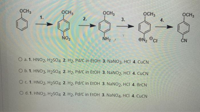 Solved OCH3 Оснэ OCH3 8-9----- O a. 1. HNO2, H2SO4 2. Hz. | Chegg.com