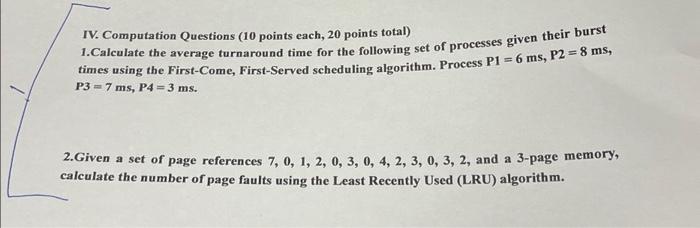 Solved IV. Computation Questions (10 points each, 20 points | Chegg.com