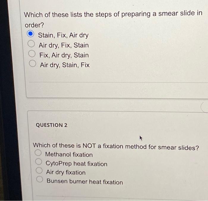 Solved Which of these lists the steps of preparing a smear | Chegg.com