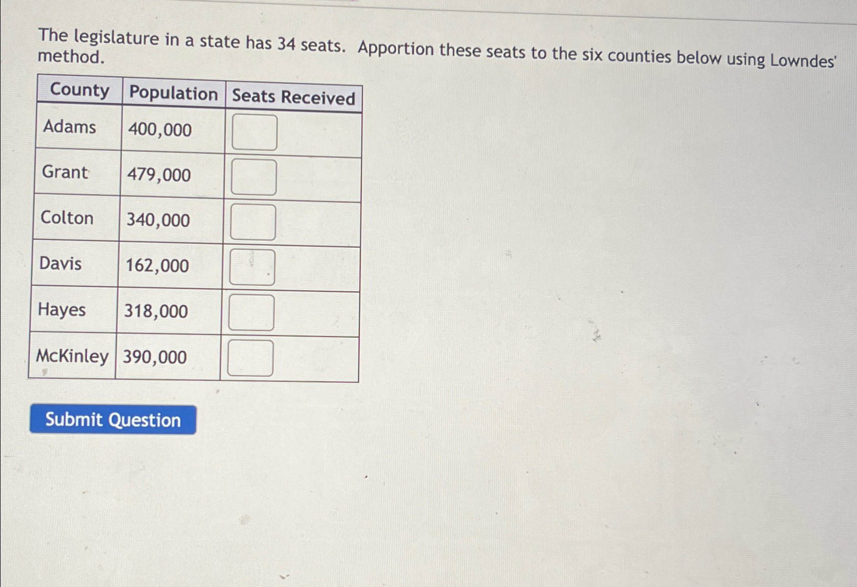 Solved The legislature in a state has 34 ﻿seats. Apportion | Chegg.com
