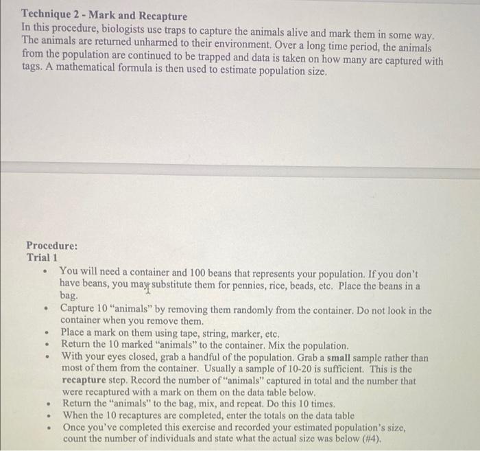 Technique 2 - Mark and Recapture In this procedure, | Chegg.com