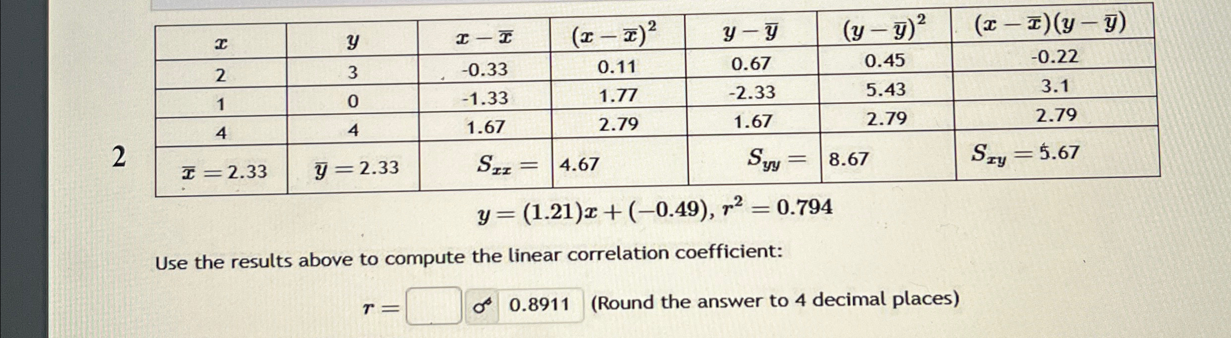Solved 2\table[[x,y,x-x‾,(x-x‾)2,y-bar (y),(y-bar (y))2,(x-x | Chegg.com