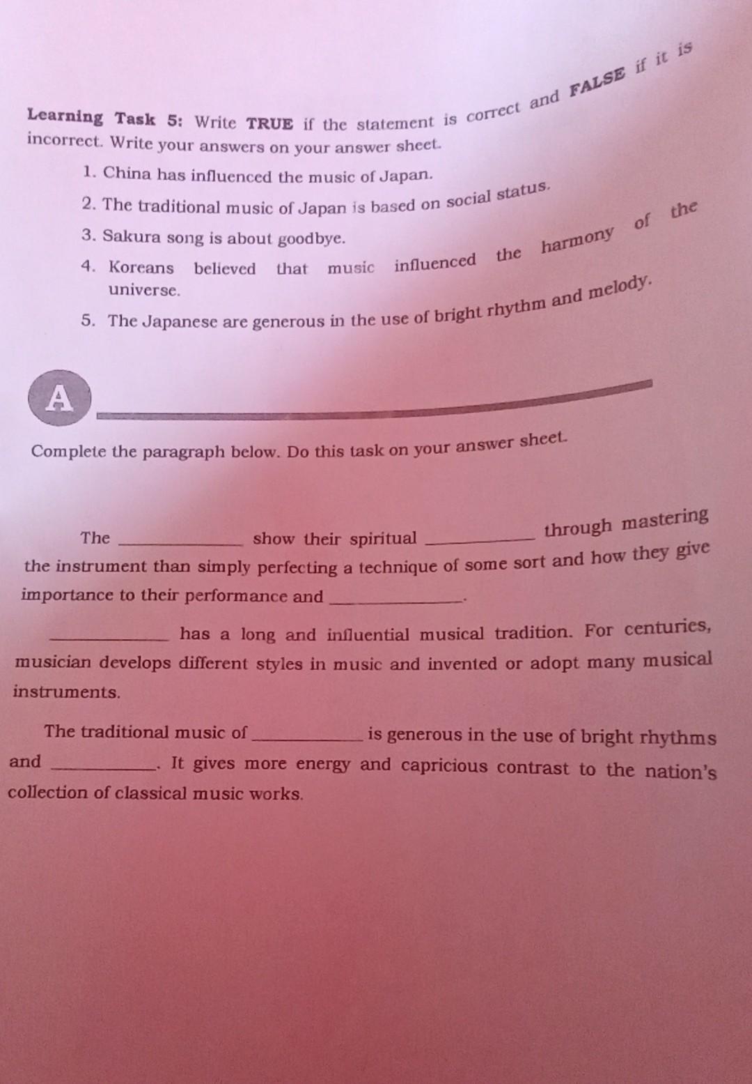 Learning Task 5: Write TRUE if the statement is | Chegg.com