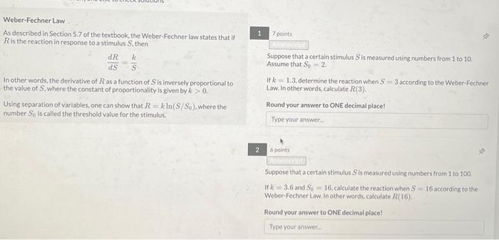 Solved Weber-Fechner Law As described in Section 5.7 of the | Chegg.com