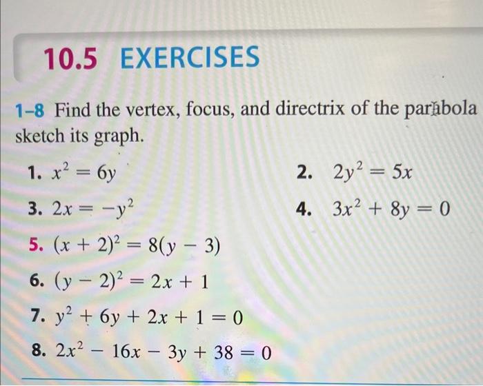 Solved 1-8 Find the vertex, focus, and directrix of the | Chegg.com