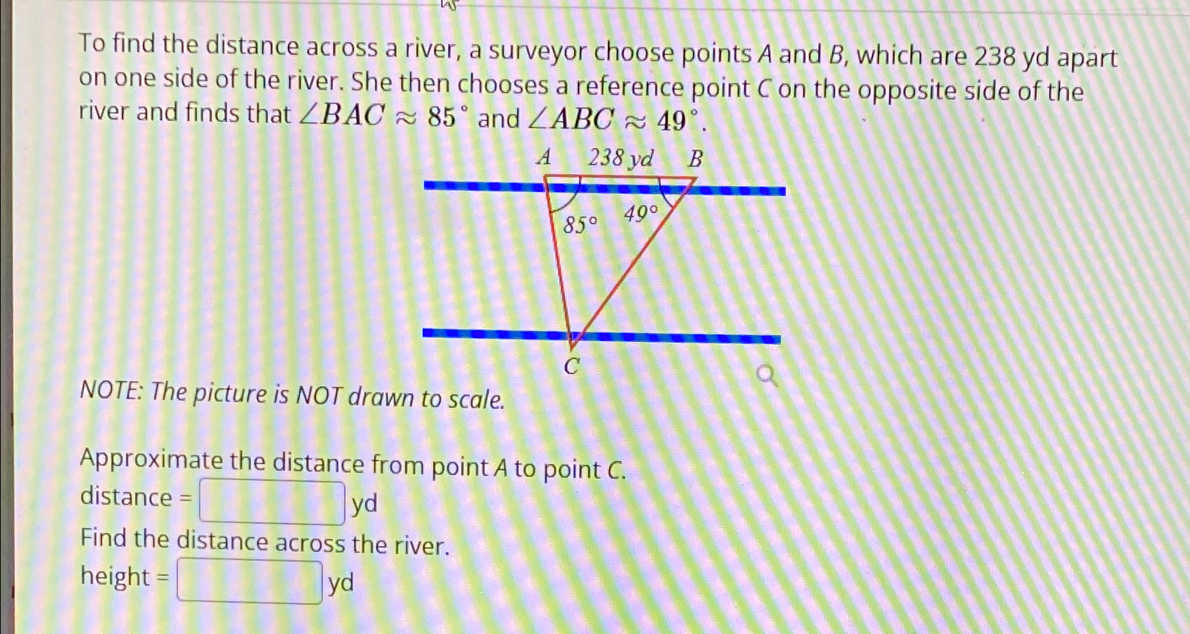 Solved To find the distance across a river, a surveyor | Chegg.com