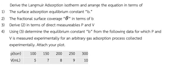 Solved Derive the Langmuir Adsorption isotherm and arrange | Chegg.com