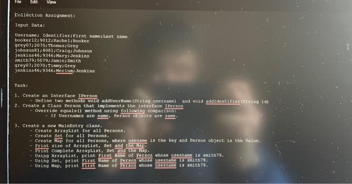 Solved Kollection Assignment: Input Data: Username; | Chegg.com