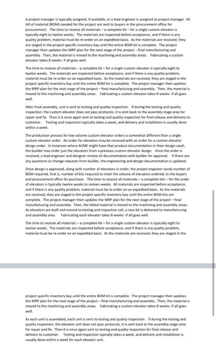 Solved Consider the ACME Custom Elevator case study 1. | Chegg.com