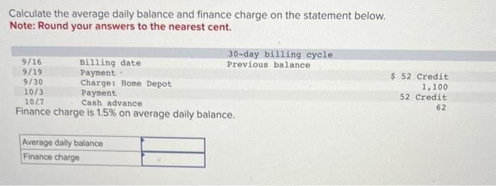 Solved Calculate the average daily balance and finance | Chegg.com