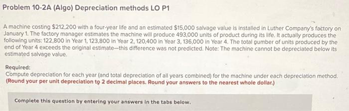 Solved Problem 10-2A (Algo) Depreciation methods LO P1 A | Chegg.com