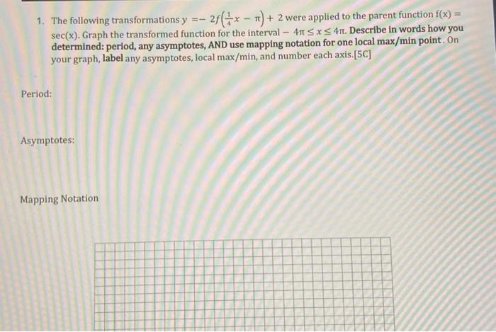 Solved 1. The following transformations y=−2f(41x−π)+2 were | Chegg.com
