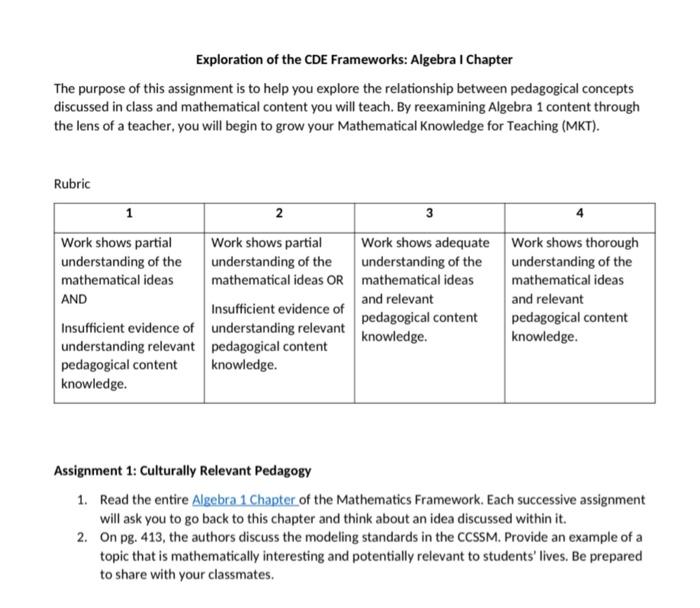 Exploration of the CDE Frameworks: Algebra 1 Chapter | Chegg.com