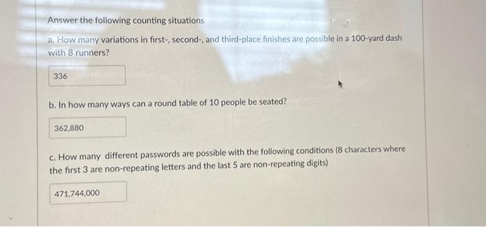 Solved Answer the following counting situations a. How many | Chegg.com