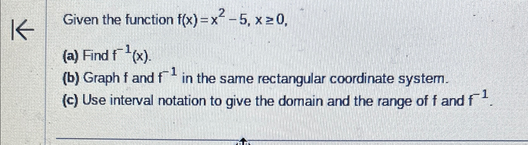 Solved Given the function f(x)=x2-5,x≥0,(a) ﻿Find f-1(x)(b) | Chegg.com