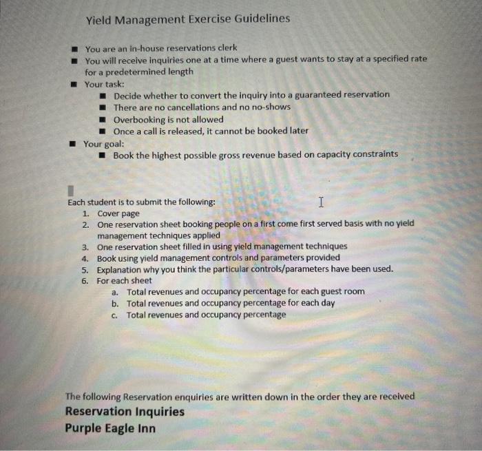 Solved Yield Management Exercise Guidelines You are an | Chegg.com