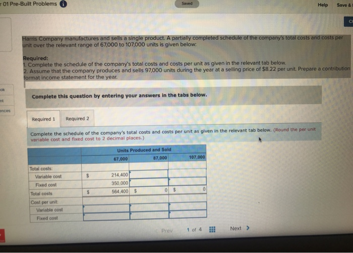 Solved 01 Pre-Built Problems Saved Help Save & Harris | Chegg.com