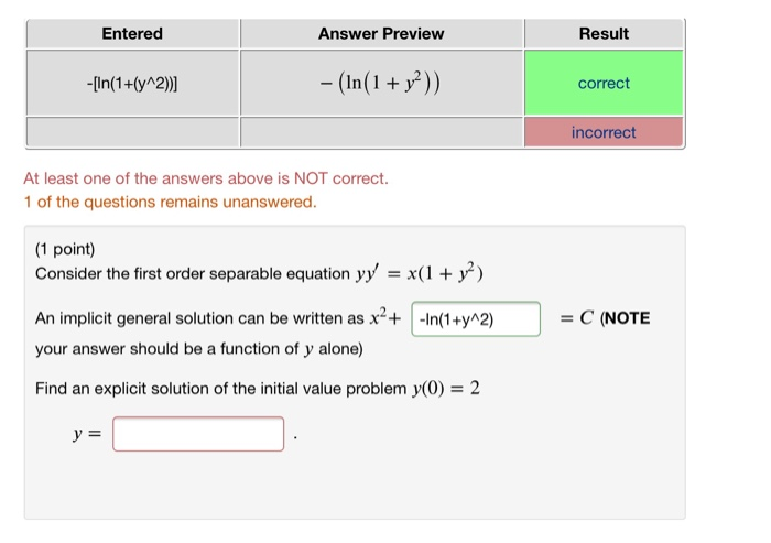 Solved Entered Answer Preview Result - [In(1+(y^2)] - (In(1 | Chegg.com