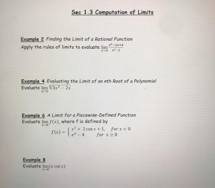 Solved Sec 1.3 Computation of Limits Example 2 Finding the | Chegg.com