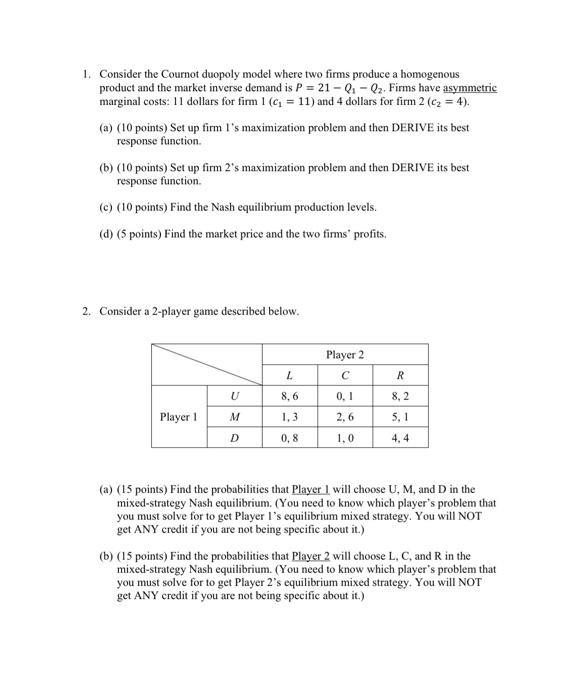Solved 1. Consider the Cournot duopoly model where two firms | Chegg.com