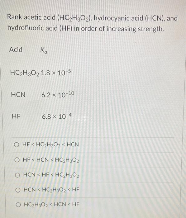 Solved Rank acetic acid (HC2H2O2), hydrocyanic acid (HCN), | Chegg.com