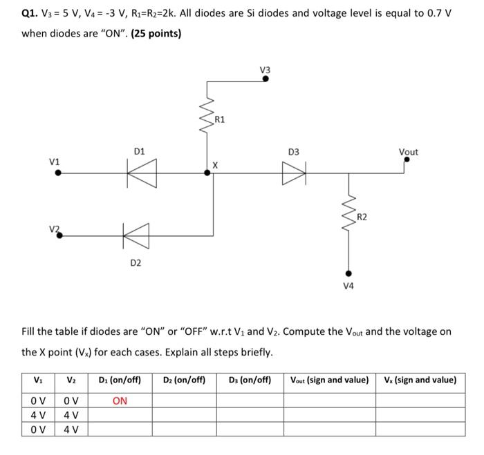 Solved Q1. V3 = 5 V, V4= -3 V, Ri=R2=2k. All diodes are Si | Chegg.com