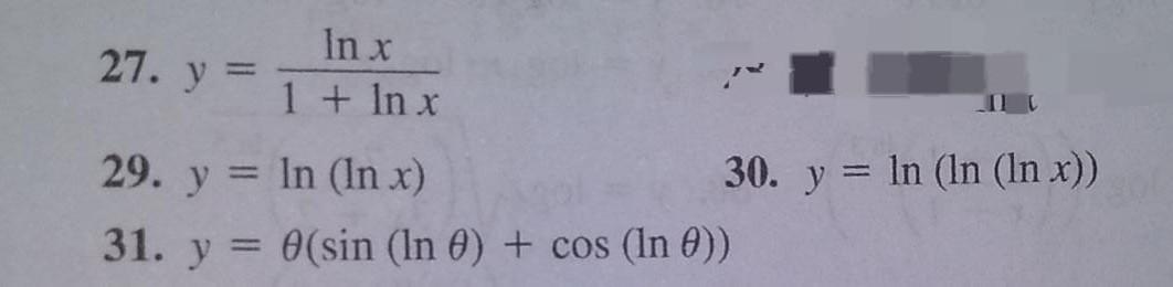 Solved 27. y=1+lnxlnx 29. y=ln(lnx) 30. y=ln(ln(lnx)) 31. | Chegg.com