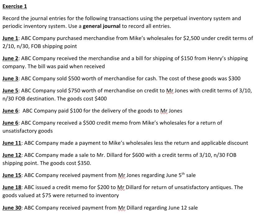 Solved Exercise 1 Record the journal entries for the | Chegg.com