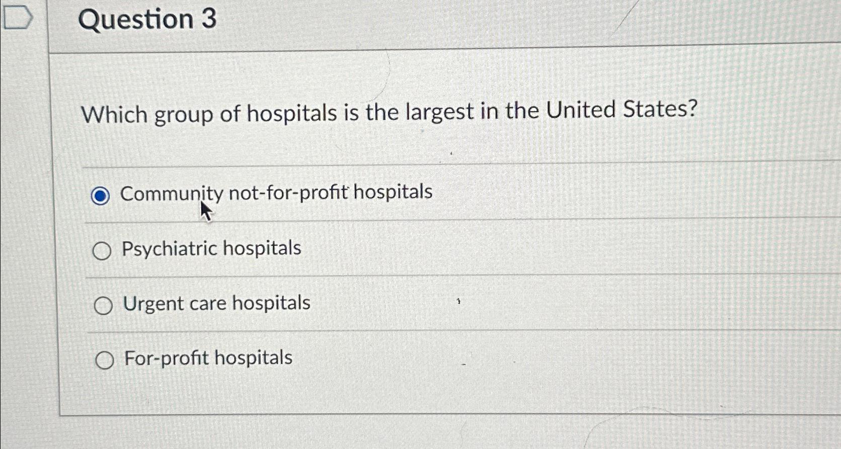 Solved Question 3Which group of hospitals is the largest in | Chegg.com